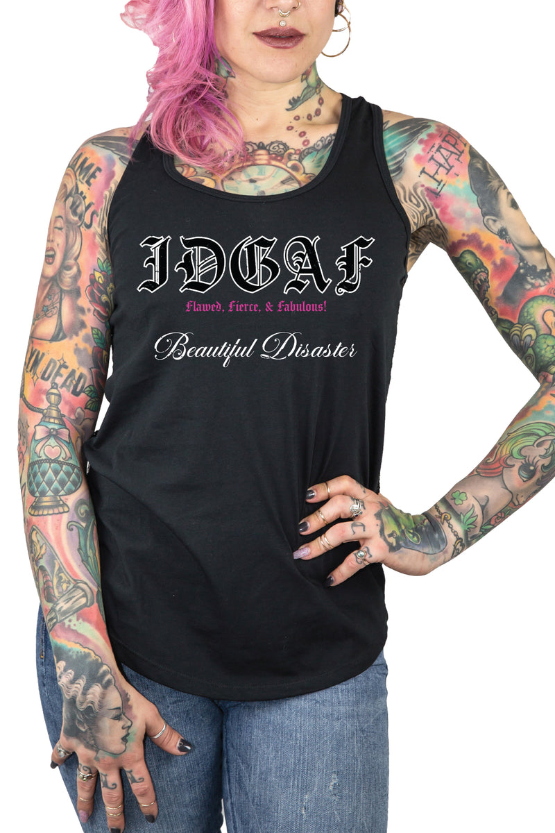 IDGAF Laceback Tank – Beautiful Disaster Clothing